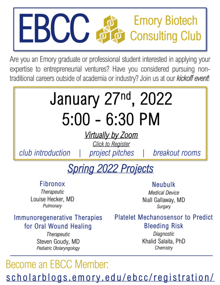 Spring 2022 – Kickoff Flyer – Emory Biotech Consulting Club